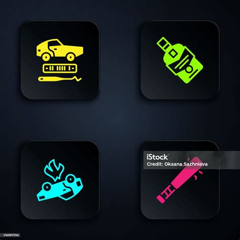 손톱이 있는 야구 방망이 자동차 절도 불타는 자동차 및 위스키 병을 설정합니다 검은색 사각형 버튼입니다 벡터 0명에 대한 스톡 벡터 아트 및 기타 이미지 Istock