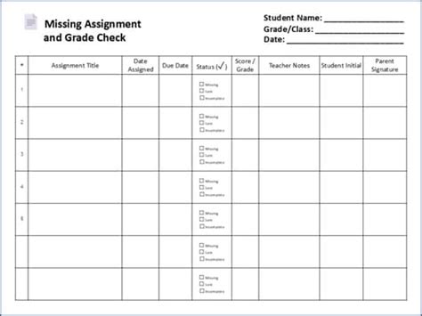Editable Missing Assignment And Grade Check Form With Checklist Editable