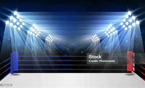 복싱 링 아레나 및 투광 조명 벡터 디자인 밝은 경기장 경기장 조명 레드 블루 벡터 조명 권투장에 대한 스톡 벡터 아트 및 기타 이미지 권투장 권투 스포츠 스타디움