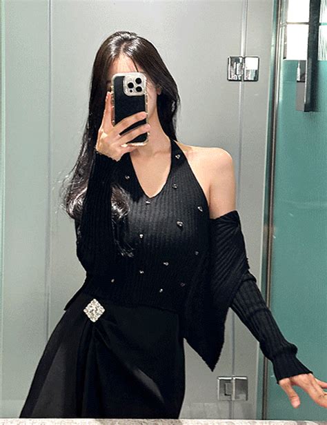 [섹시글램 Md추천] 홀릭 비즈 레이어드 이중 가디건 3color 큐빅 드롭 홀터 니트 슬림핏 하객룩 에이블리