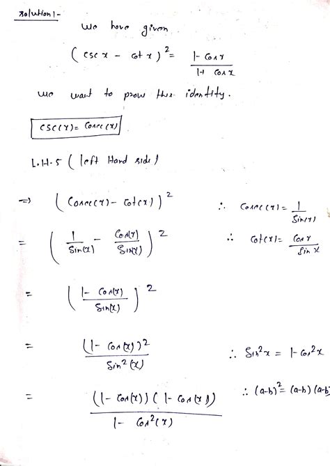 [solved] Verify The Identity 1 Cos X Csc X Cotx 2 1 Cos X To