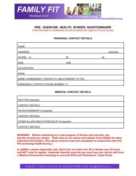 Personal Training Pre Exercise Questionnaire Template