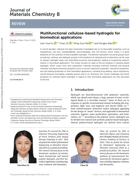 Pdf Multifunctional Cellulose Based Hydrogels For Biomedical Applications
