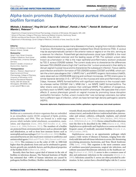 Pdf Alpha Toxin Promotes Staphylococcus Aureus Mucosal Biofilm Formation
