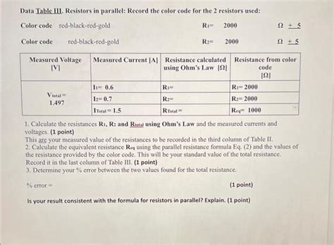 Solved Data Table I One Resistor Color Code 1 Use Ohms