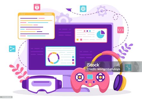 게임 디지털 기술 프로그래밍 및 코딩을 사용한 비디오 게임 개발 벡터 일러스트레이션 플랫 만화 손으로 그린 랜딩 페이지 템플릿
