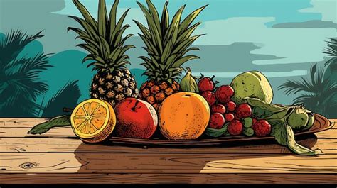 Premium Photo Retro Cartoon Of Fruits On Table
