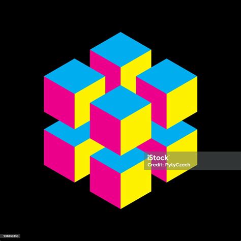Geometric Cube Of 8 Smaller Isometric Cubes In Cmyk Colors Abstract Design Element Science Or