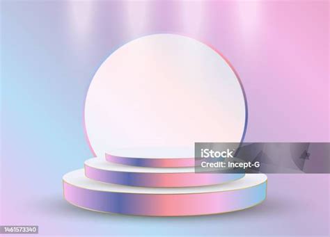 시상식 컨셉의 무대 현대 무지개 추상 라운드 연단 제품 프레젠테이션 컨셉 디자인의 단계 3차원 형태에 대한 스톡 벡터 아트 및