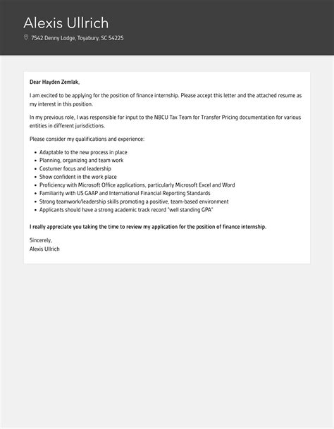 Finance Internship Cover Letter Velvet Jobs