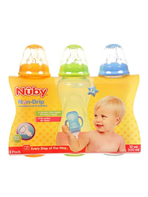 Nuby 3 Pack Non Drip Standard Neck Bottles 10 Oz Lime Blue One