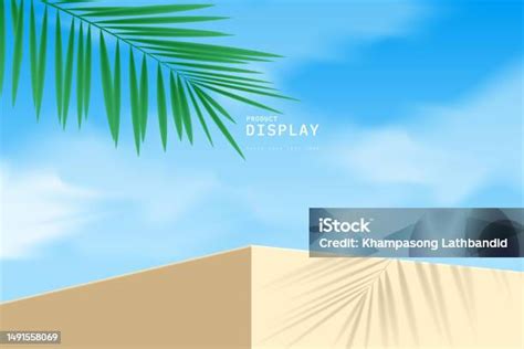 녹색 야자수 잎 가지와 그림자가 있는 갈색 3d 벽 연단 푸른 하늘과 구름 배경 쇼 제품 또는 화장품을 위한 장면 3d 건물