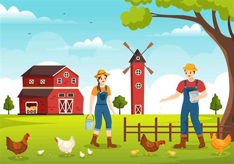 Poultry Farming With Farmer Cage Chicken And Egg Farm On Green Field