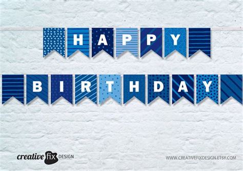 Blue Bunting Flags Printable Banner Happy Birthday Instant Download