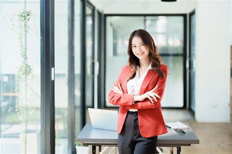 직장에서 컴퓨터와 재정 예산 문서를 사용하여 사업을 성공적으로 투자 한 행복한 미소 짓는 얼굴을 보여주는 여성 사업주의 초상화 감정에 대한 스톡 사진 및 기타 이미지