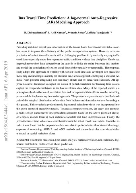 Pdf Bus Travel Time Prediction A Log Normal Auto Regressive Ar Modelling Approach