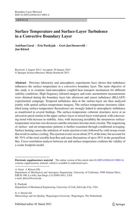 Pdf Surface Temperature And Surface Layer Turbulence In A Convective Boundary Layer