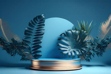 3d 배경 제품은 팜 리프 여름 플랫폼이 있는 연단 장면을 표시합니다 현대 전시회 또는 갤러리 3d 그림 프레젠테이션을 위한 연단 받침대 레이아웃 템플릿 프리미엄 사진