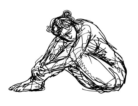 Nude Female Human Figure Tuck Sitting With Legs Tucked Doodle Art Continuous Line Stock Vector