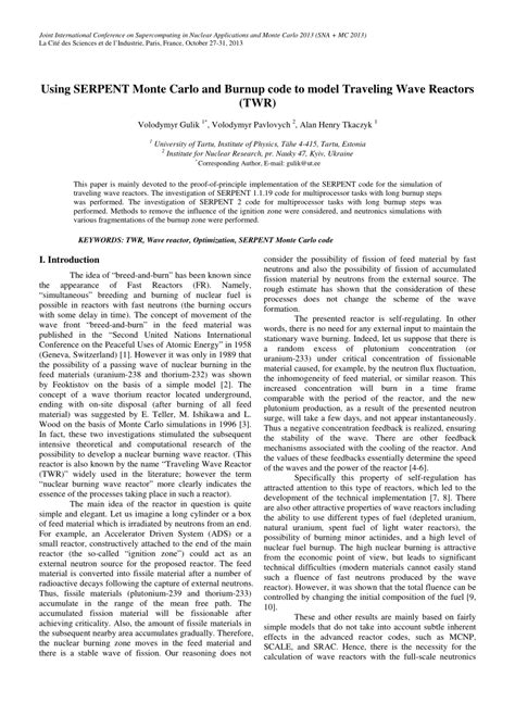 Pdf Using Serpent Monte Carlo And Burnup Code To Model Traveling Wave Reactors Twr