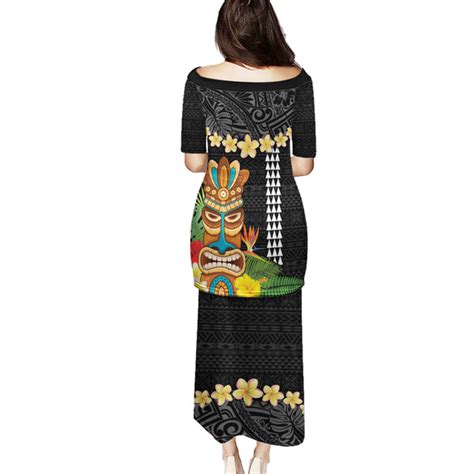 Hawaii Plumeria Lei Puletasi Tiki And Kakau Pattern Black Color Lt03