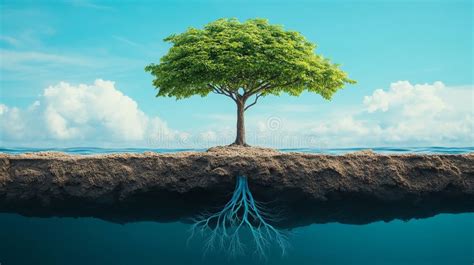 Single Tree With Luminous Neuron Roots Symbolizing Connection On An Island Environmental