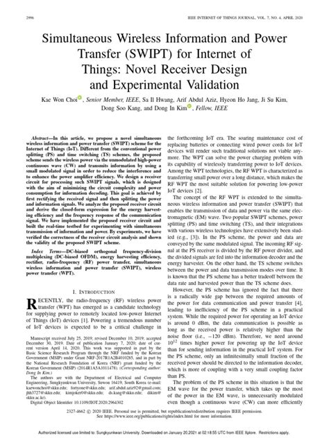 Simultaneous Wireless Information And Power Transfer Swipt For Internet Of Things Novel Receiver