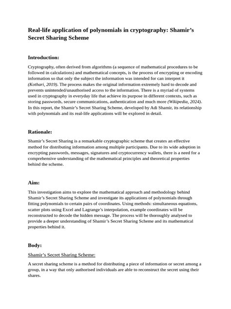 Math Ext Shamirs Secret Sharing Scheme Pdf Polynomial Equations