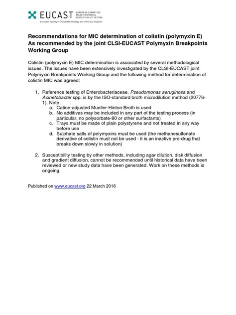 Recommendations For Mic Determination Of Colistin March 2016 Pdf