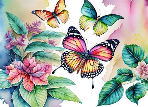 Watercolor Illustration Of Butterflie And Leaves Stock Illustration Illustration Of Decorative