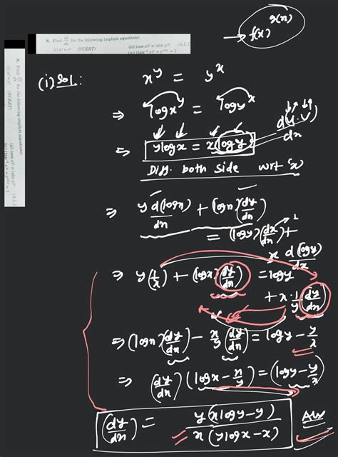 Find Dxdy For The Following Implicit Equations I Xyyx Ncert Ii