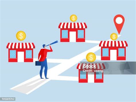 프랜차이즈 사업 개념 사업가 스탠드 텔레스코픽을 사용하여 그의 사업을 확장하기 위해 상점 상점 이익 벡터 일러스트 레이 션