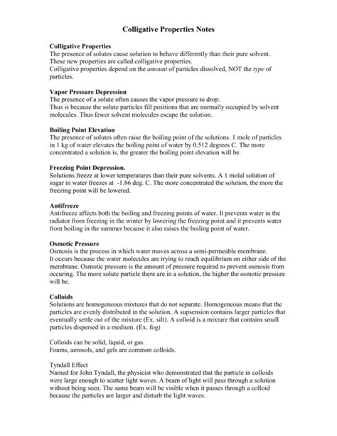 Colligative Properties Notes On Solutions And Colloids