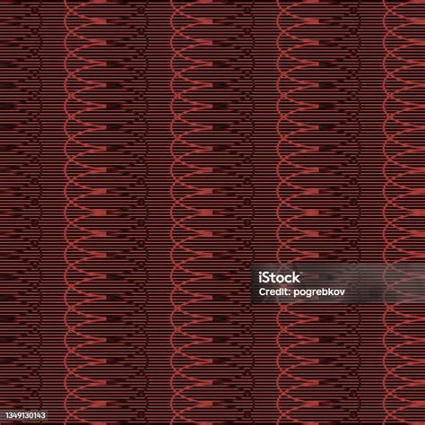 수평 평행 직선의 매끄러운 패턴과 타원형 모양을 반복 곱합니다 검은 색과 빨간색 색상의 얽힌 기하학적 장식 직물 종이 및 기타 벡터 그림 검은색에 대한 스톡 벡터 아트 및