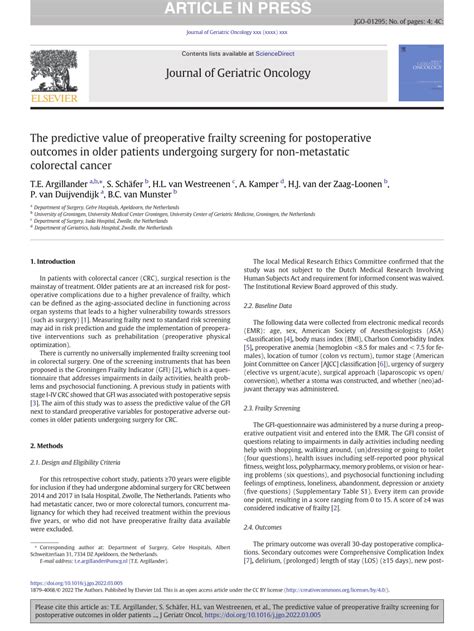 Pdf The Predictive Value Of Preoperative Frailty Screening For Postoperative Outcomes In Older