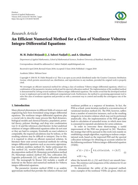 Pdf An Efficient Numerical Method For A Class Of Nonlinear Volterra Integro Differential Equations