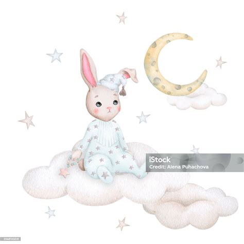귀여운 작은 토끼가 구름 위에 앉아 있습니다 소년 어린이용 일러스트입니다 손으로 그린 수채화입니다 베이비 샤워 생일 어린이 파티 인쇄 초대장 포스터 인사말 카드 엽서에 대