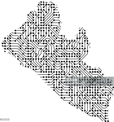 검은 인쇄 된 보드 칩 및 라디오 구성 요소에서 라이베리아의 추상 도식 지도 컴퓨터 전자 제품 프로세서 마더보드입니다 벡터 일러스트입니다 0명에 대한 스톡 벡터 아트 및