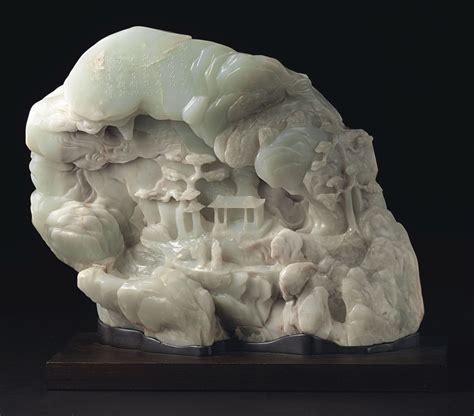 A Large Inscribed Mottled Greyish Green And White Jade Boulder China Qing Dynasty 19th