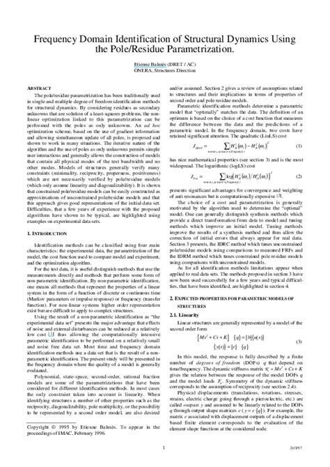 Pdf Frequency Domain Identification Of Structural Dynamics Using The Poleresidue Parametrization