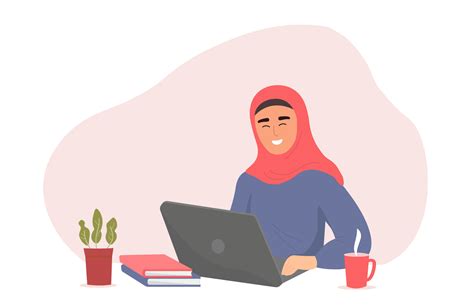 A Muslim Girl In A Hijab Is Sitting At Her Laptop The Student Is