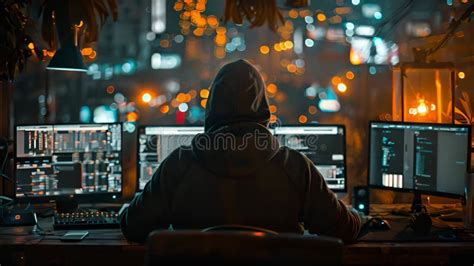 Hacker Working Late At Night In Front Of Multiple Monitors Stock Video
