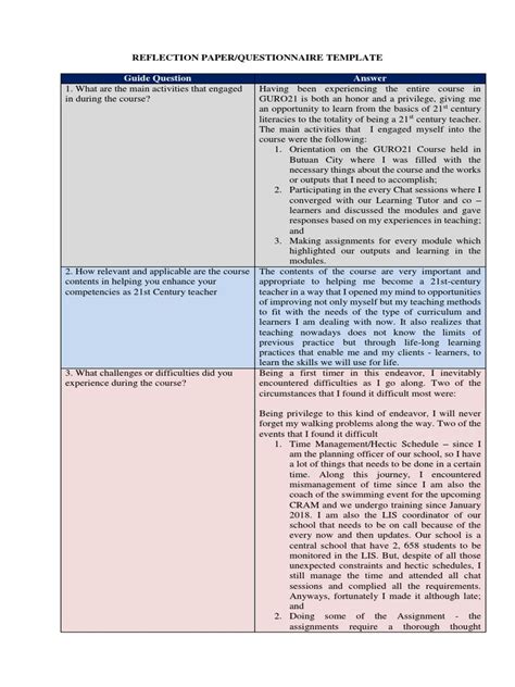 Guide Question Answer Reflection Paper Questionnaire Template Pdf Homework Tutor