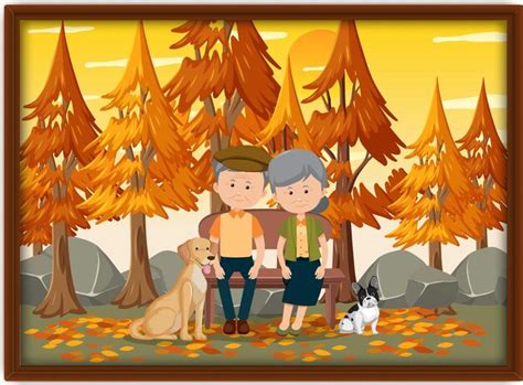 Premium Vector A Picture Of An Old Couple At The Park In Autumn Season
