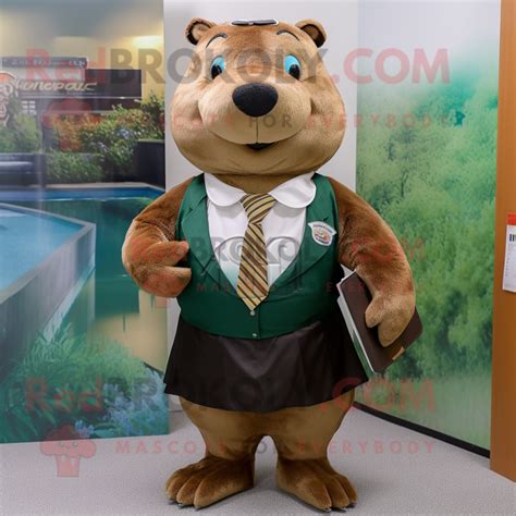Olive Beaver Mascot Costume Character Dressed With A Pencil Skirt And Tie Pins Mascot Costumes