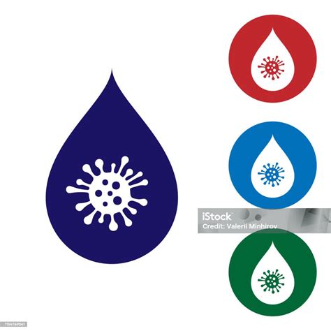 파란색 더러운 물 드롭 아이콘 흰색 배경에 고립입니다 세균 및 세균 미생물 질환 세포 암 미생물 바이러스 균 류 원 버튼의 색상 아이콘을 설정 합니다 벡터 일러스트 0명에