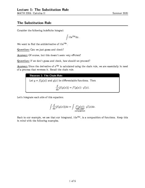 L01 The Substitution Rule Lecture 1 The Substitution Rule Math 2205 Calculus Ii Summer