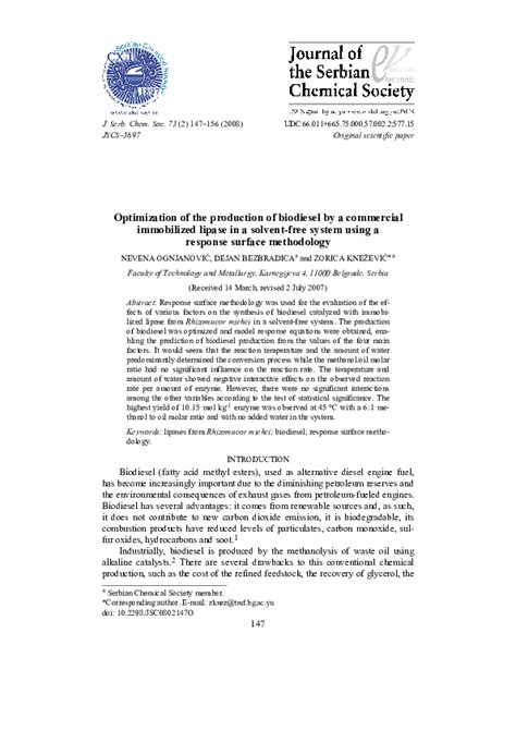 Pdf Optimization Of The Production Of Biodiesel By A Commercial