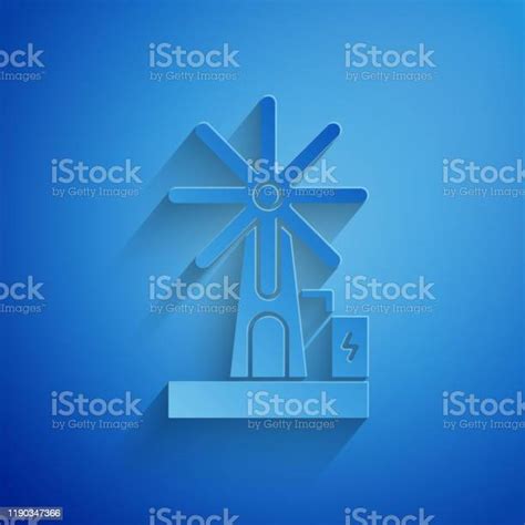 종이 잘라 바람 터빈 아이콘 파란색 배경에 격리 풍력 발전기 기호입니다 전력 생산을 위한 풍차 종이 아트 스타일입니다 벡터 일러스트레이션 개념에 대한 스톡 벡터 아트 및