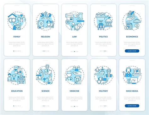 Set Of Blue Onboarding Mobile App Screens Showcasing Social Institutions Vector Site Line